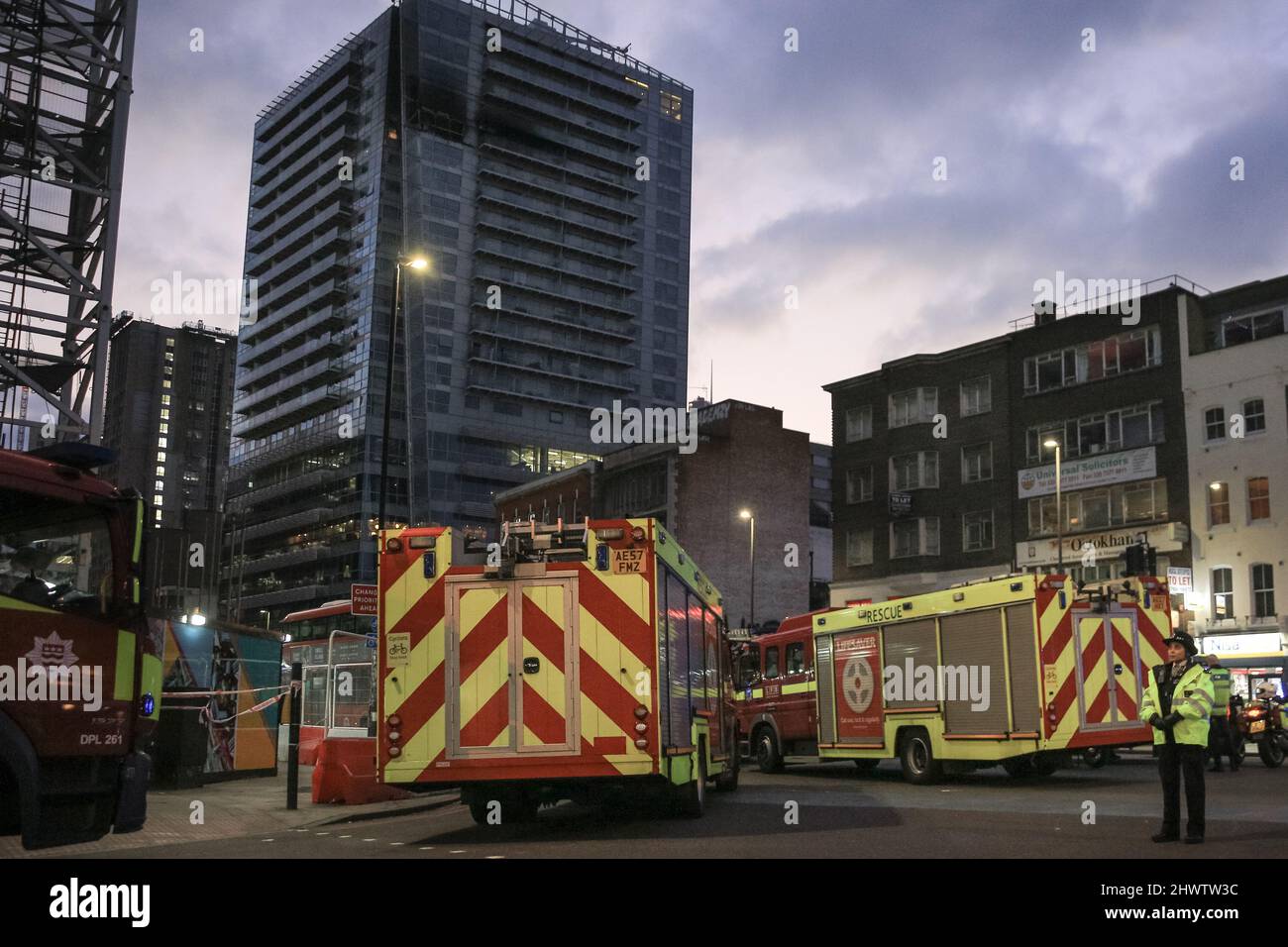 London, UK. 07th Mar, 2022. The towerblock with blackened windows in ...