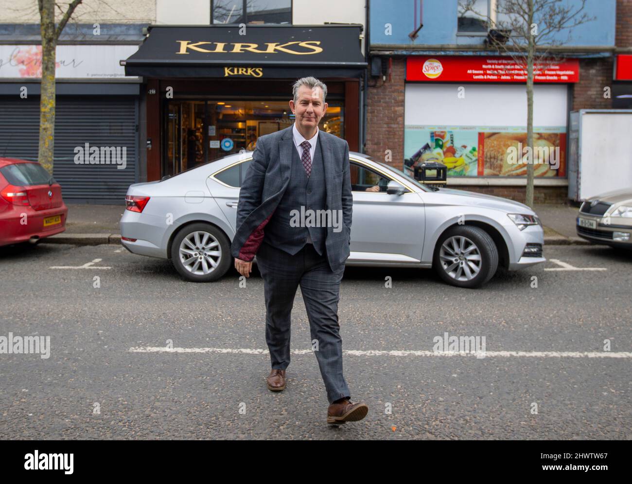DUP MLA Edwin Poots arriving at the south Belfast constituency office ...