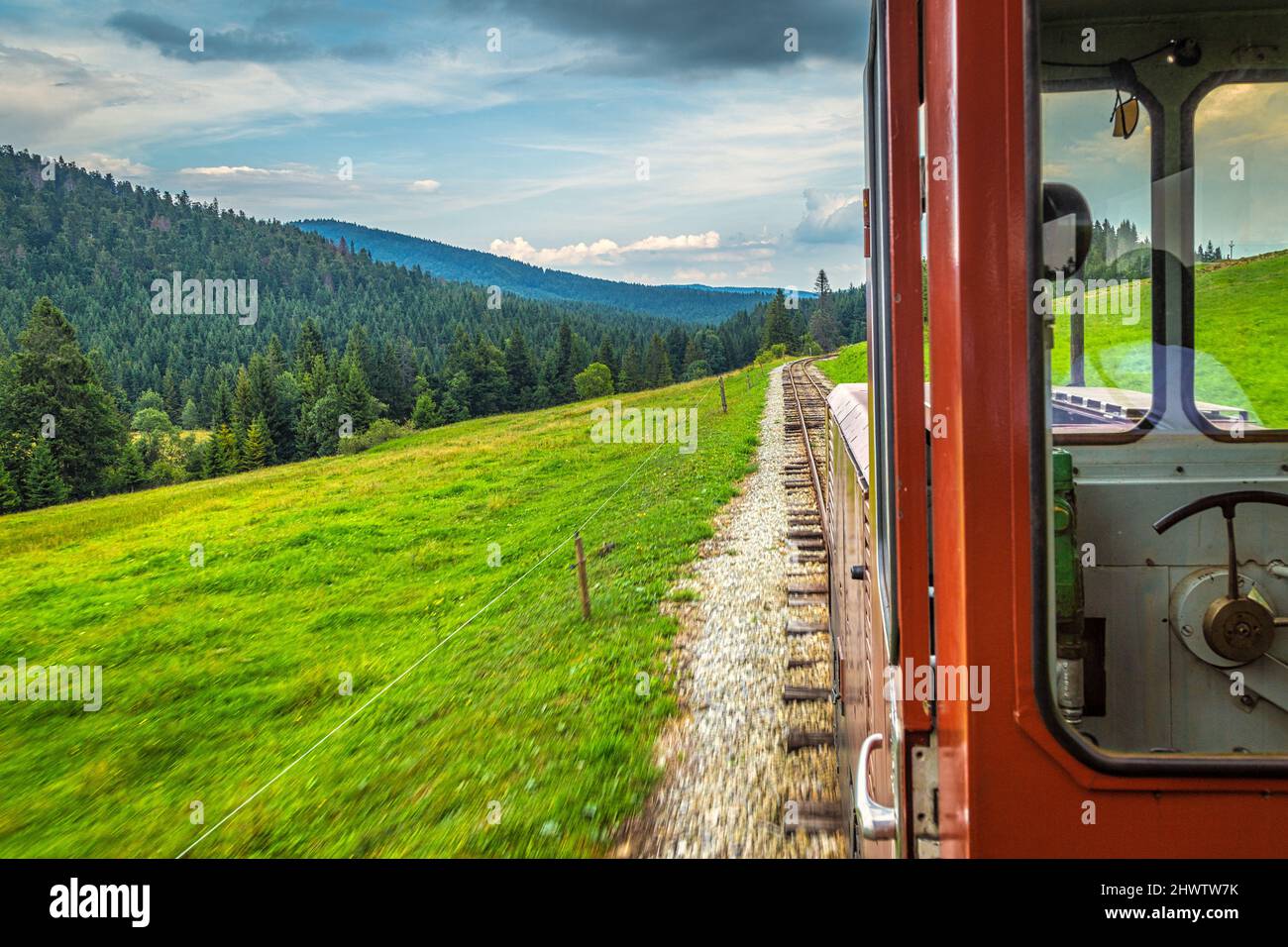 Mountain landscape seen through a forest railway locomotive, Slovakia ...