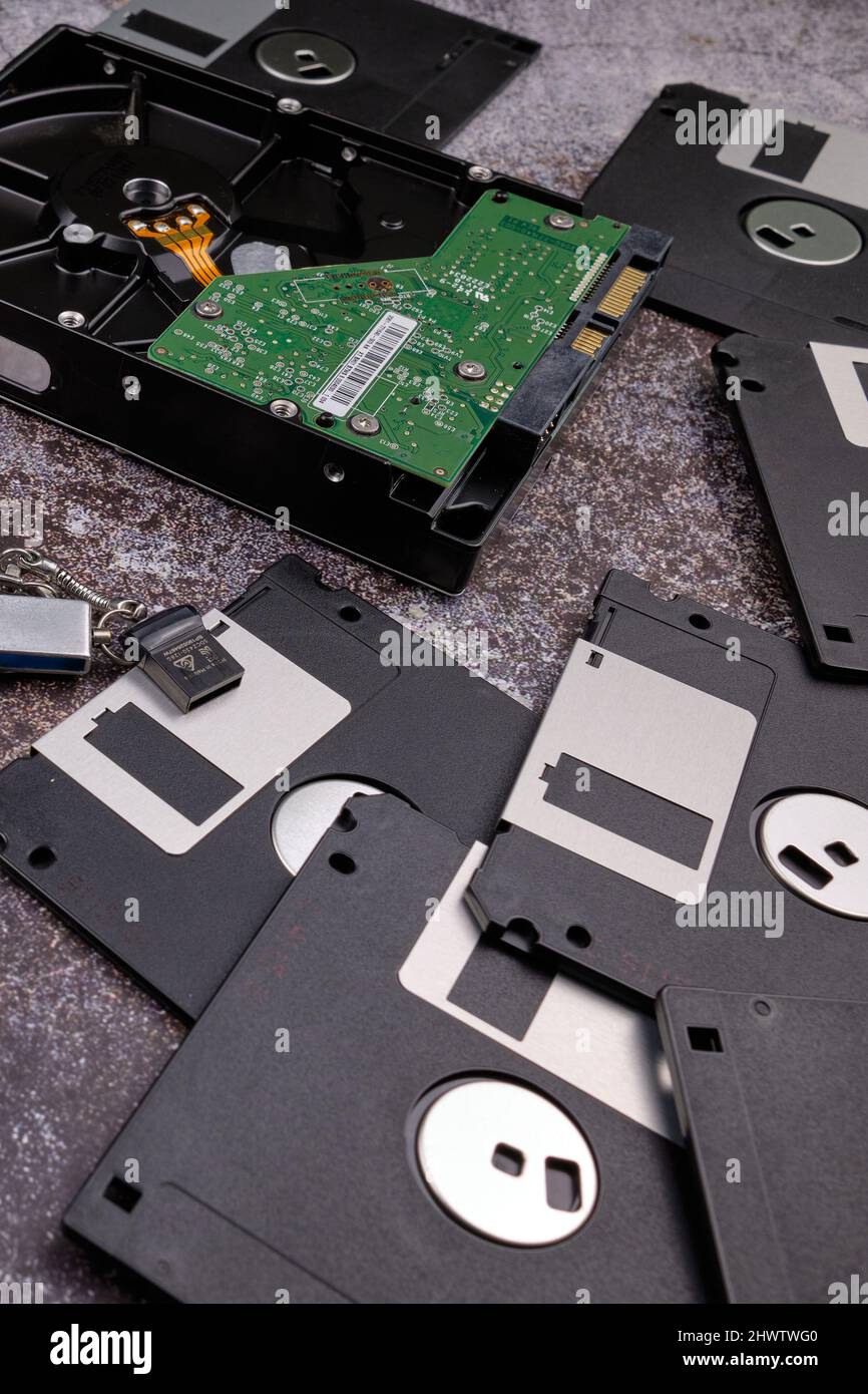 Composition of various computer components on a dark background similar ...