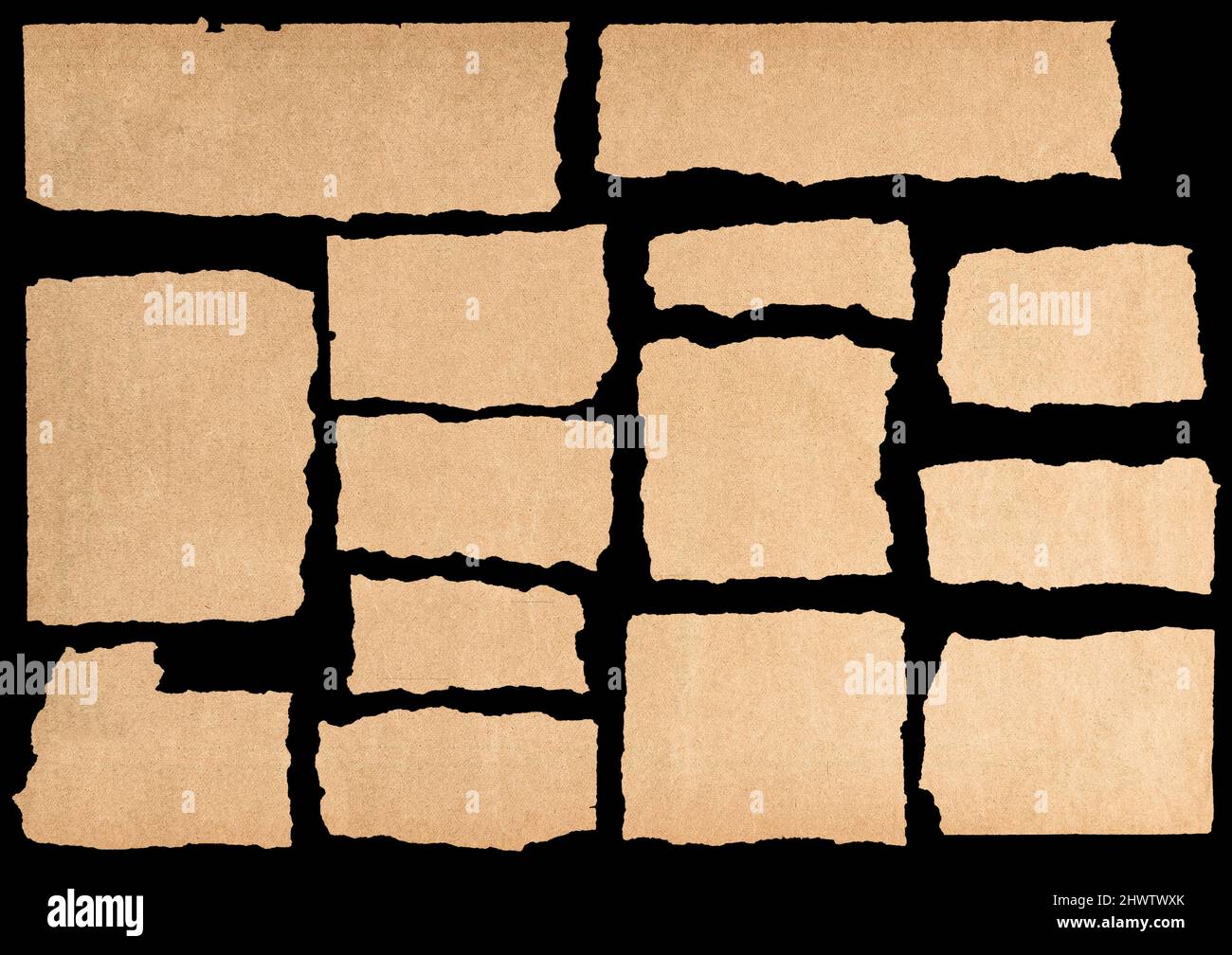 Ripped paper pieces isolated on black background. Newspaper pages ...