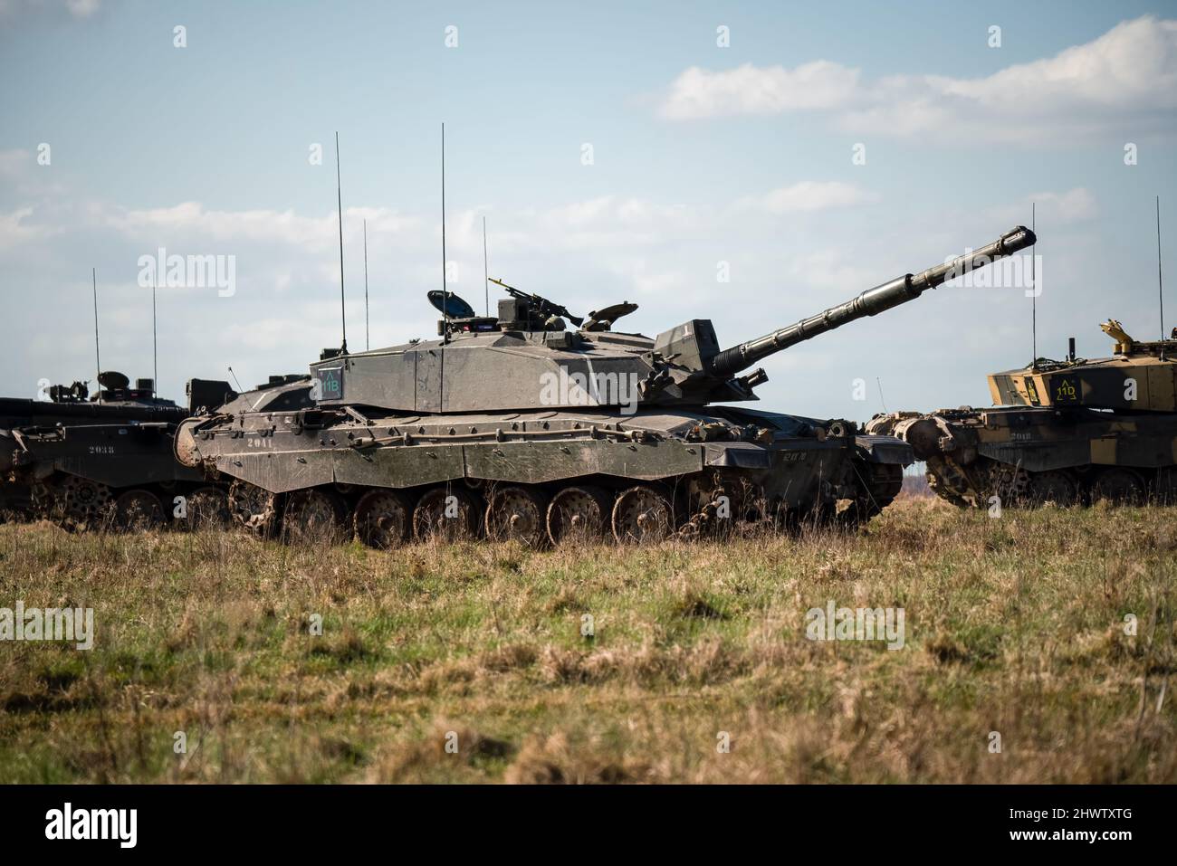 British army FV4034 Challenger 2 main battle tank in action on a military exercise, Salisbury ...