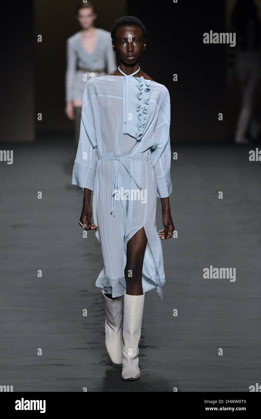 A model walks on the runway at the Hermes fashion show during Fall ...