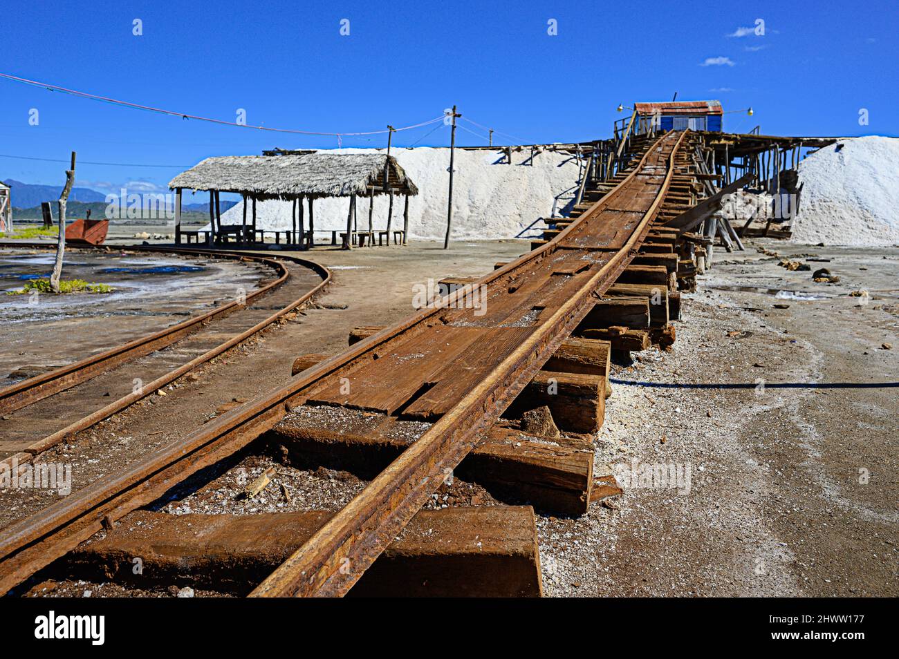 Marine salt industry in caribbean island Dominican republic. Old rails ...