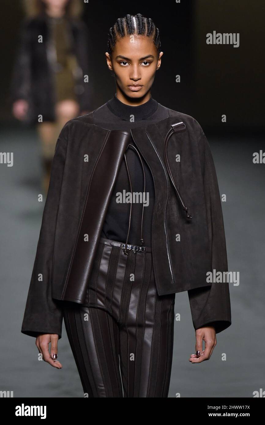 A model walks on the runway at the Hermes fashion show during Fall ...