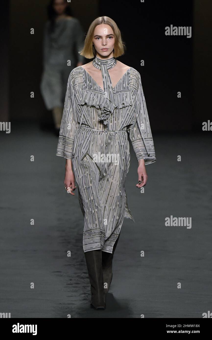 Model Puck Schrover walks on the runway at the Hermes fashion show ...
