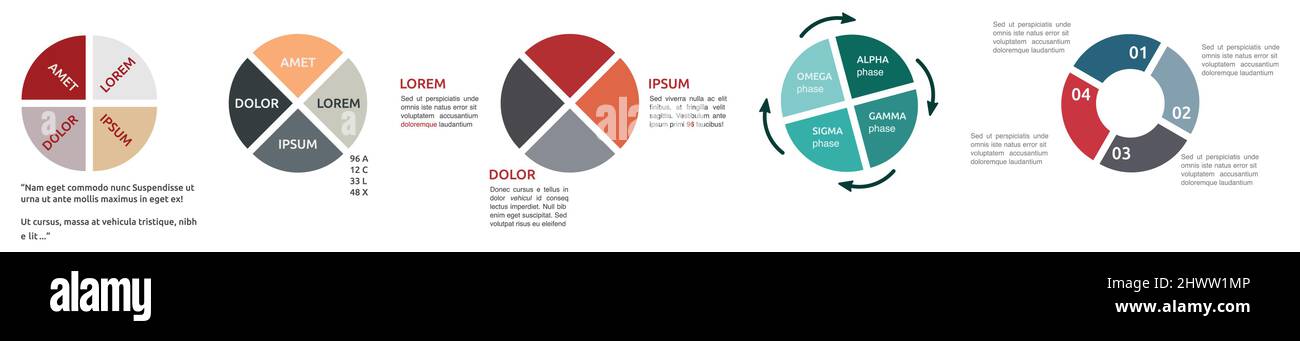 Circle divided in four equal parts, different versions - infographics ...