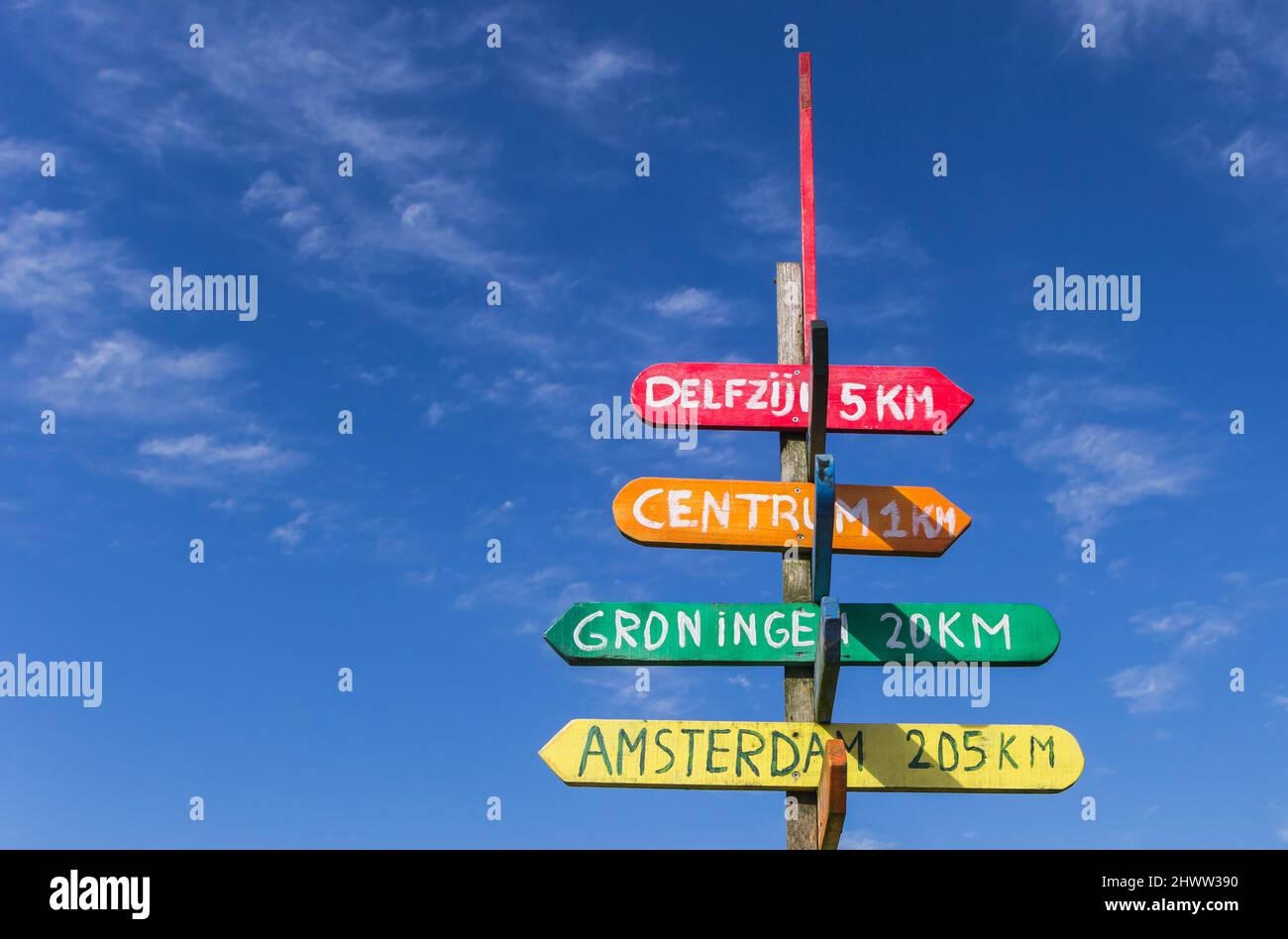 Colorful signpost pointing to various cities in Appingedam, Netherlands ...