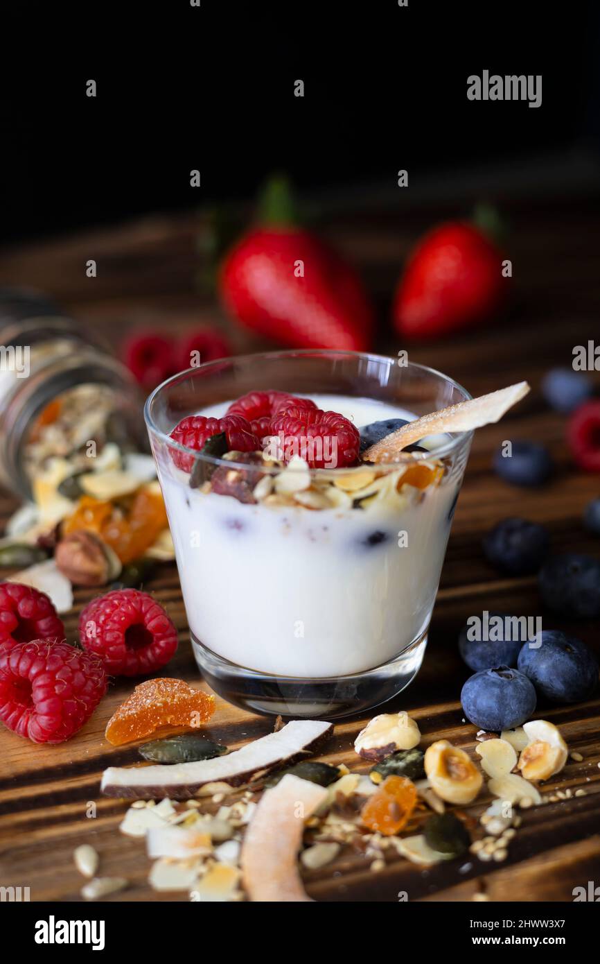 Home made muesli with almond, dry apricot, coconuts, sunflower, pumpkin ...