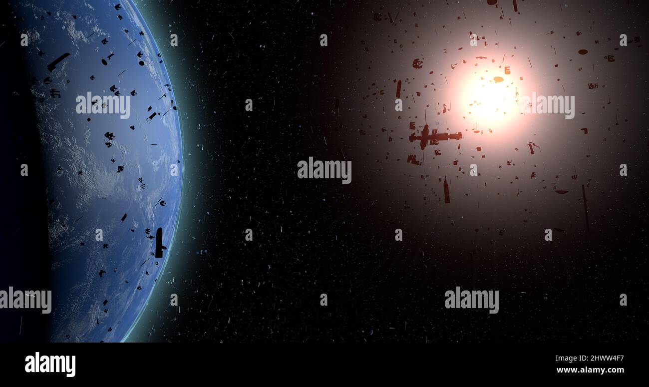 Space debris floating in the orbit of planet Earth. Old satellites ...