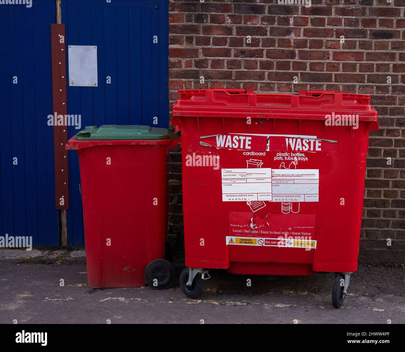 Red wheelie bins seen in front of a wall and a blue door on the street ...