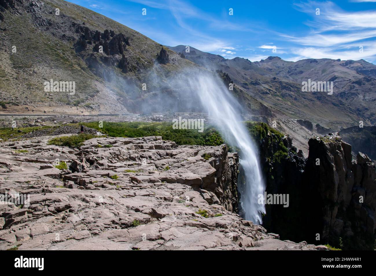 The inverted waterfall at Maule valley, Andes Cordillera, Chile Stock ...