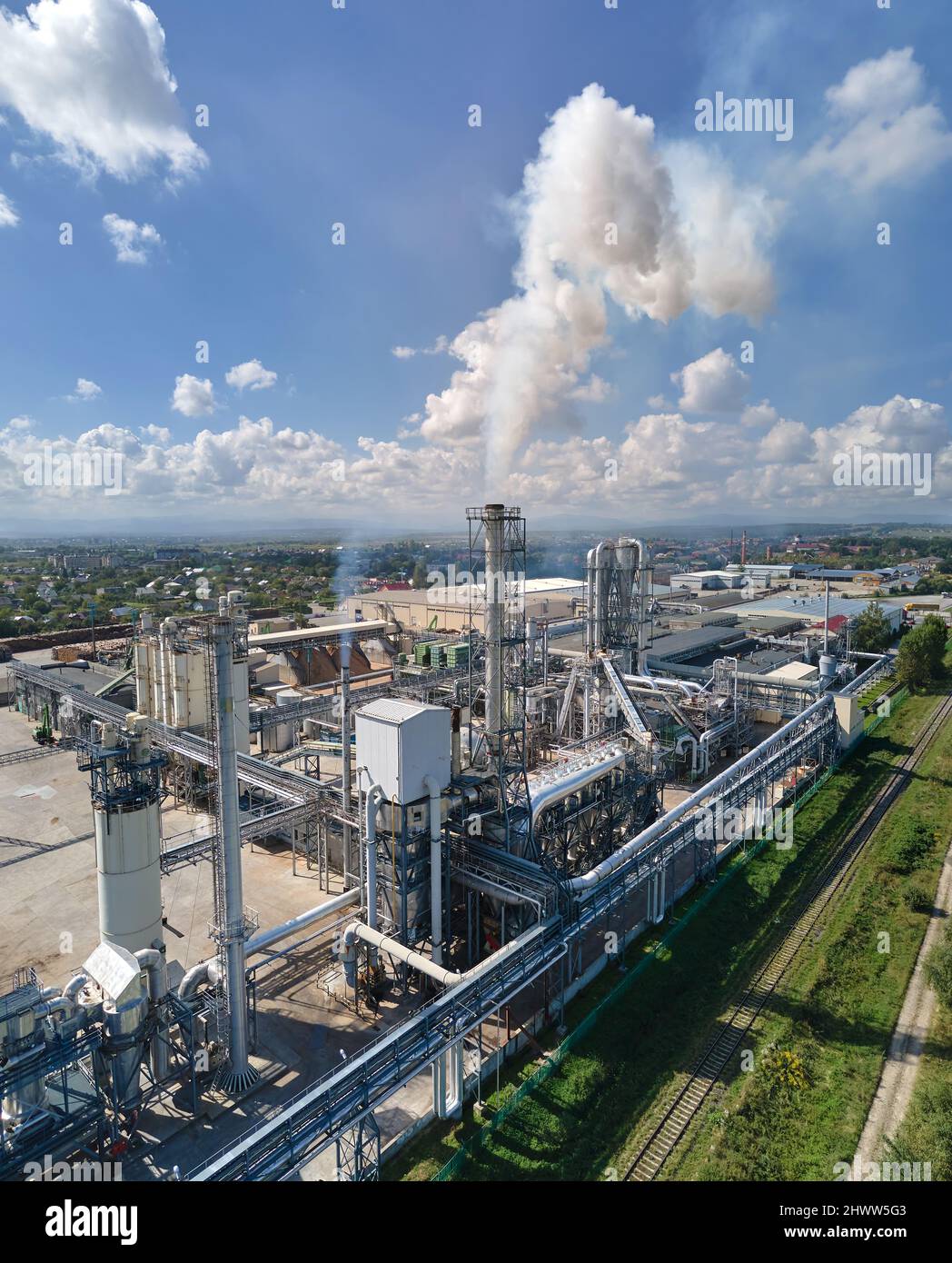 Aerial view of oil and gas refining petrochemical factory with high ...
