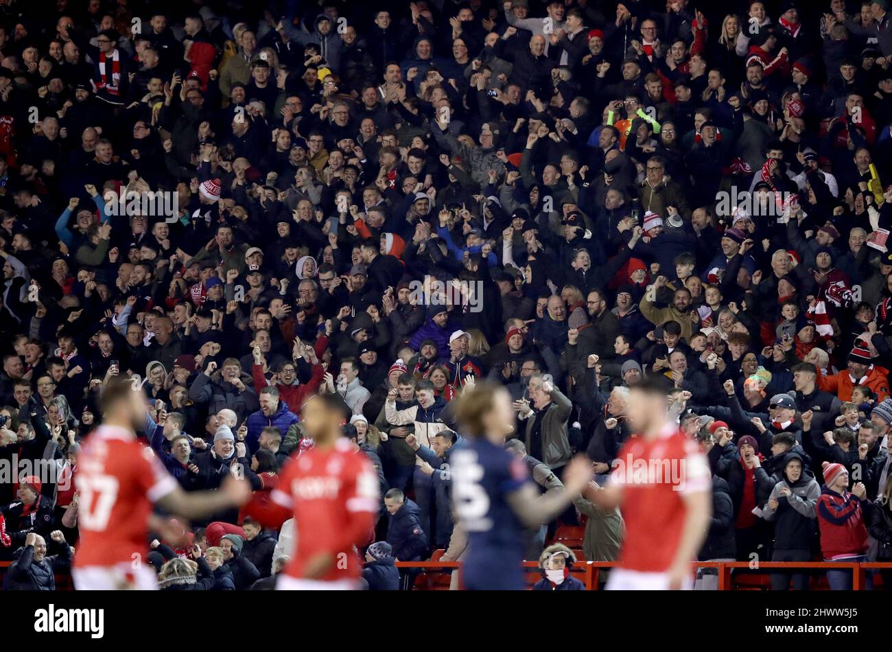 Nottingham Forest fans celebrate at full time after the Emirates FA Cup ...