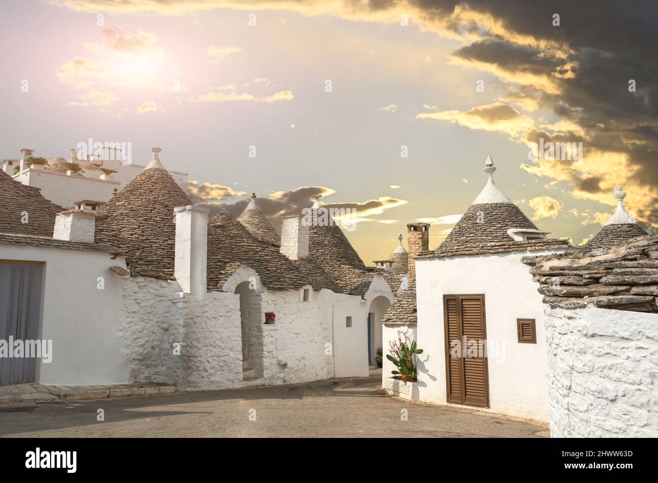 Alberobello, Puglia, Italy. August 2021. Amazing view at the golden ...