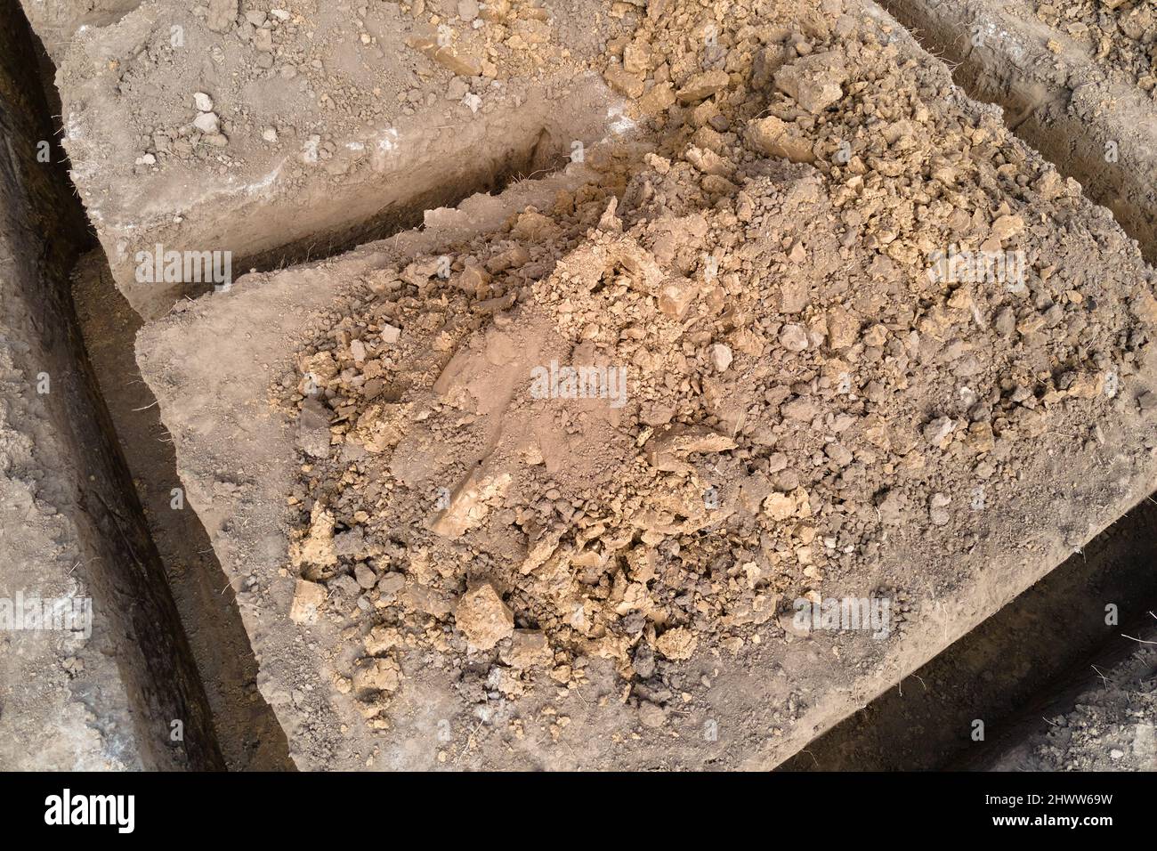 Dug out trench for building works of new house concrete foundation on ...