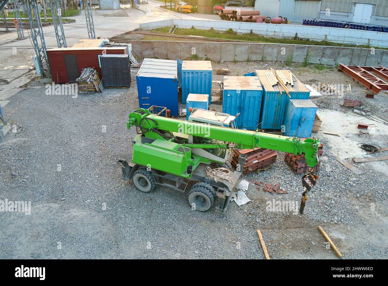 Lifting crane tractor on industrial construction site. Heavy duty ...