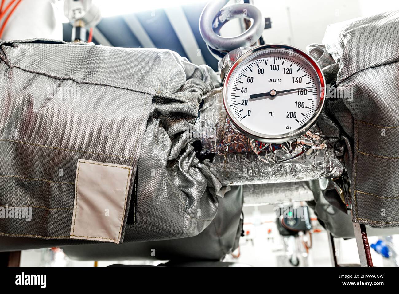 Barometers on pressure pipes, underground premises of the factory Stock ...