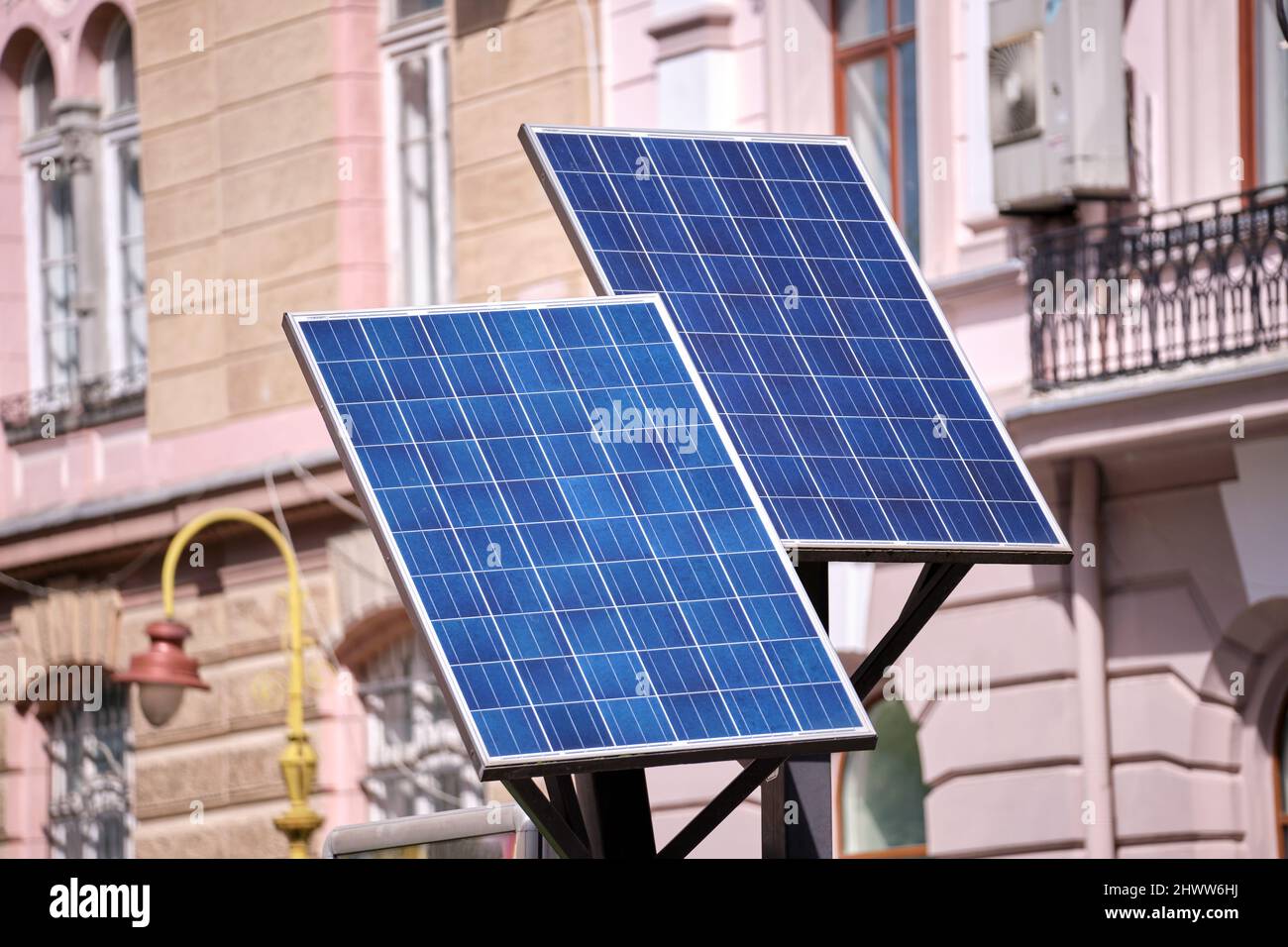 Solar photovoltaic panels mounted on city street pole for electricity ...