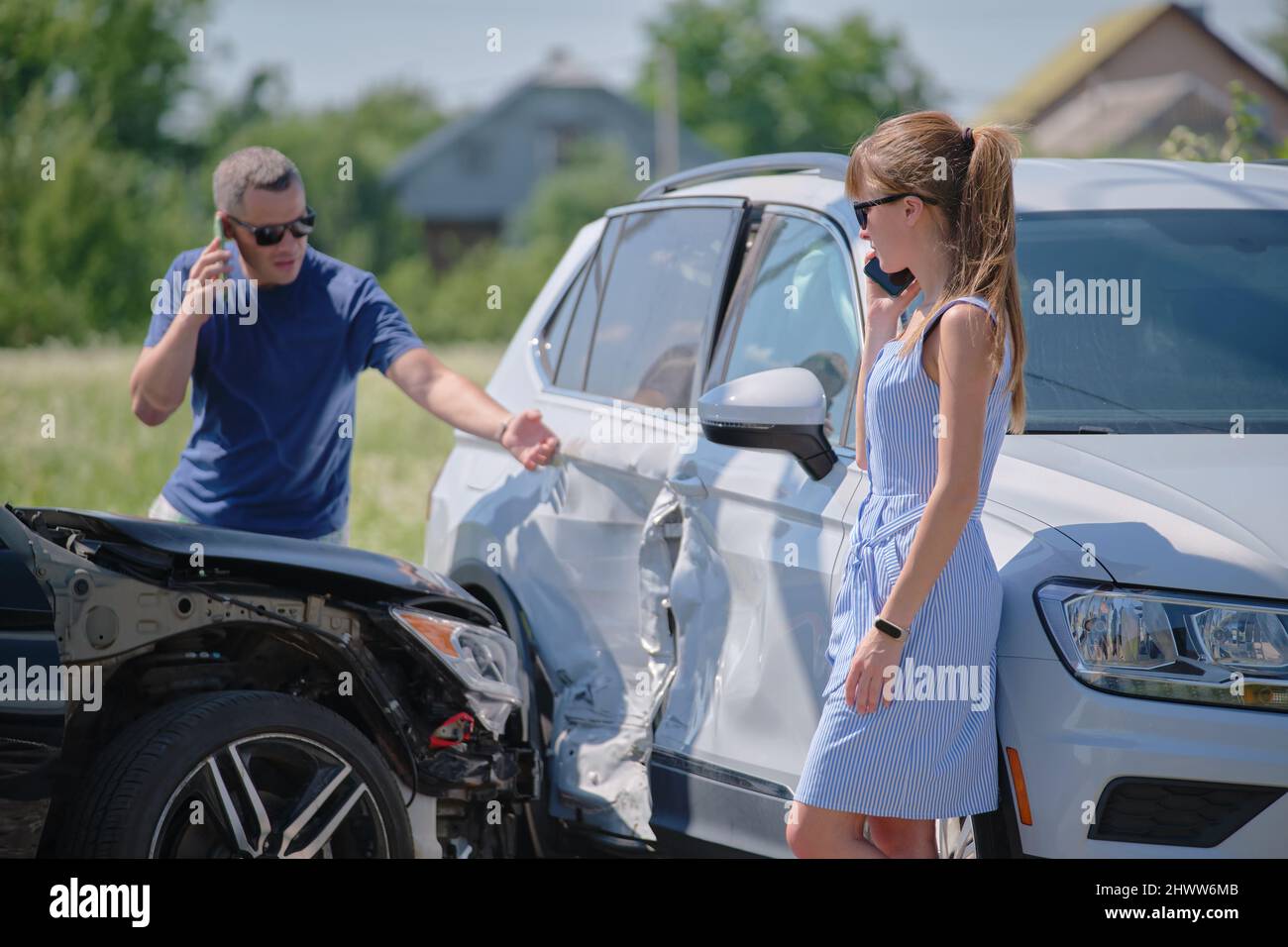 Two drivers talking on mobile phone while calling for help to rescue ...
