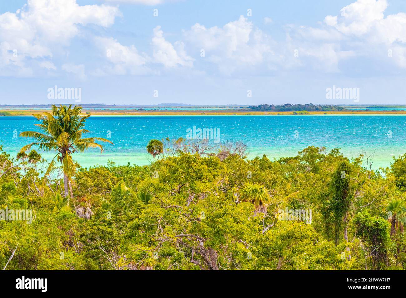 Panorama view to the Muyil Lagoon from the wooden viewpoint tower in ...