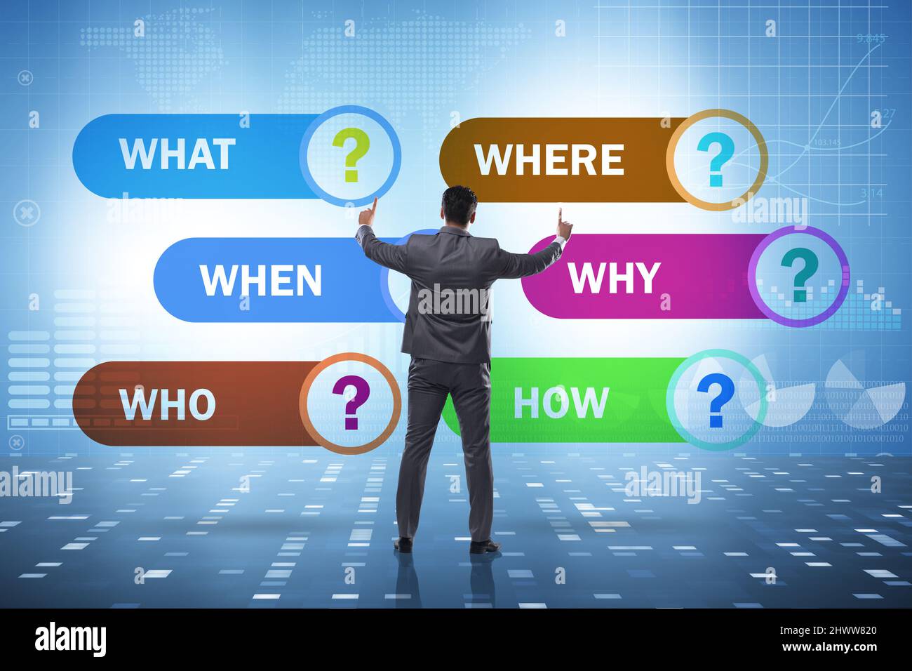 Concept of many questions with the businessman Stock Photo - Alamy