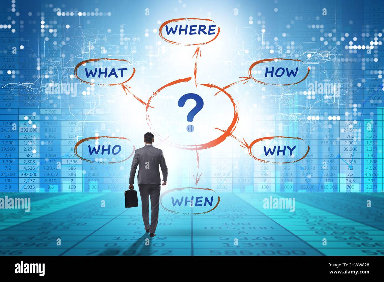 Concept of many questions with the businessman Stock Photo - Alamy