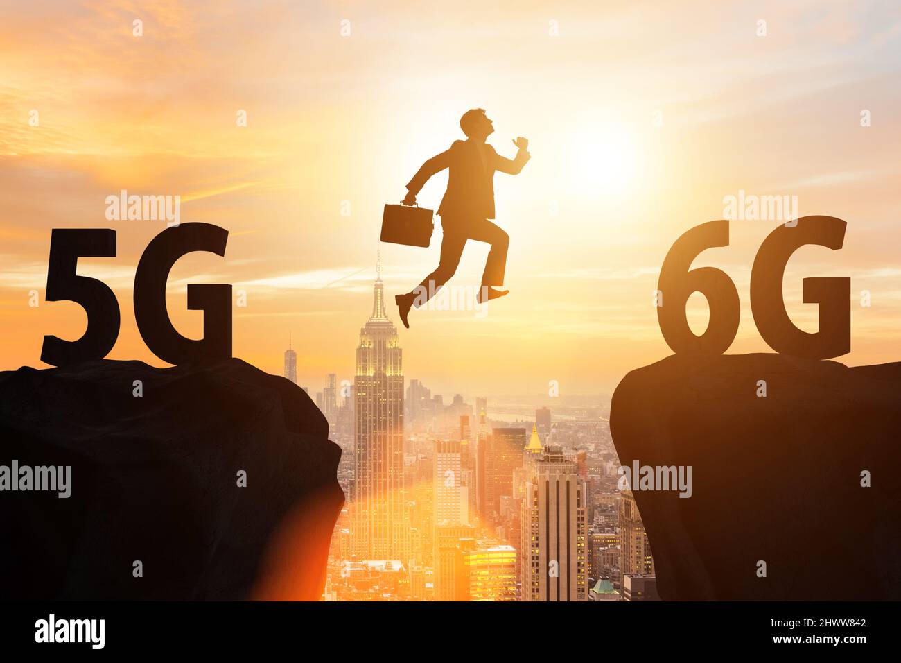 Concept of moving from 5g technology to 6g with jumping people Stock ...