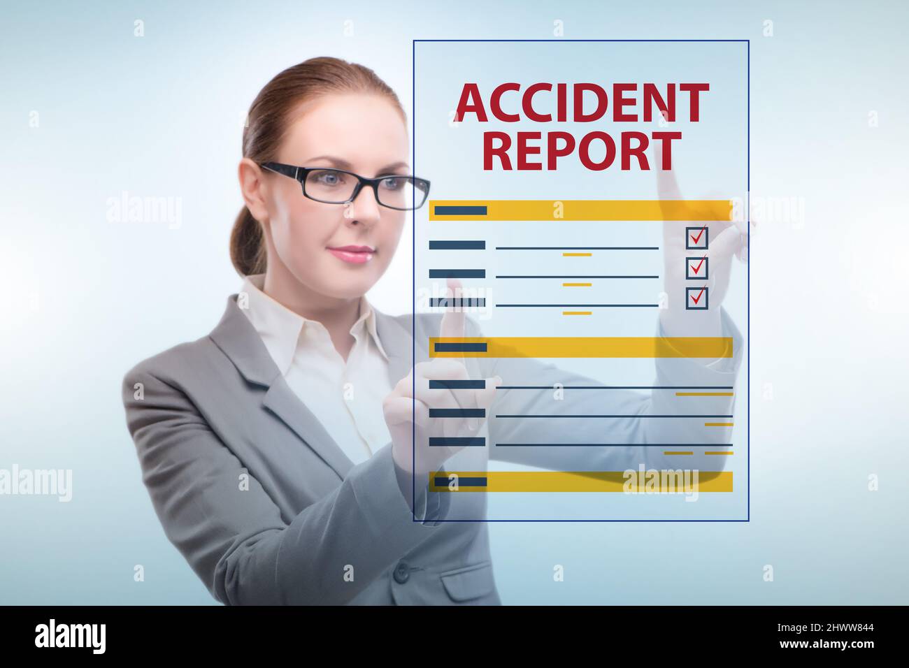 Businesswoman pressing buttons on the virtual accident report Stock ...
