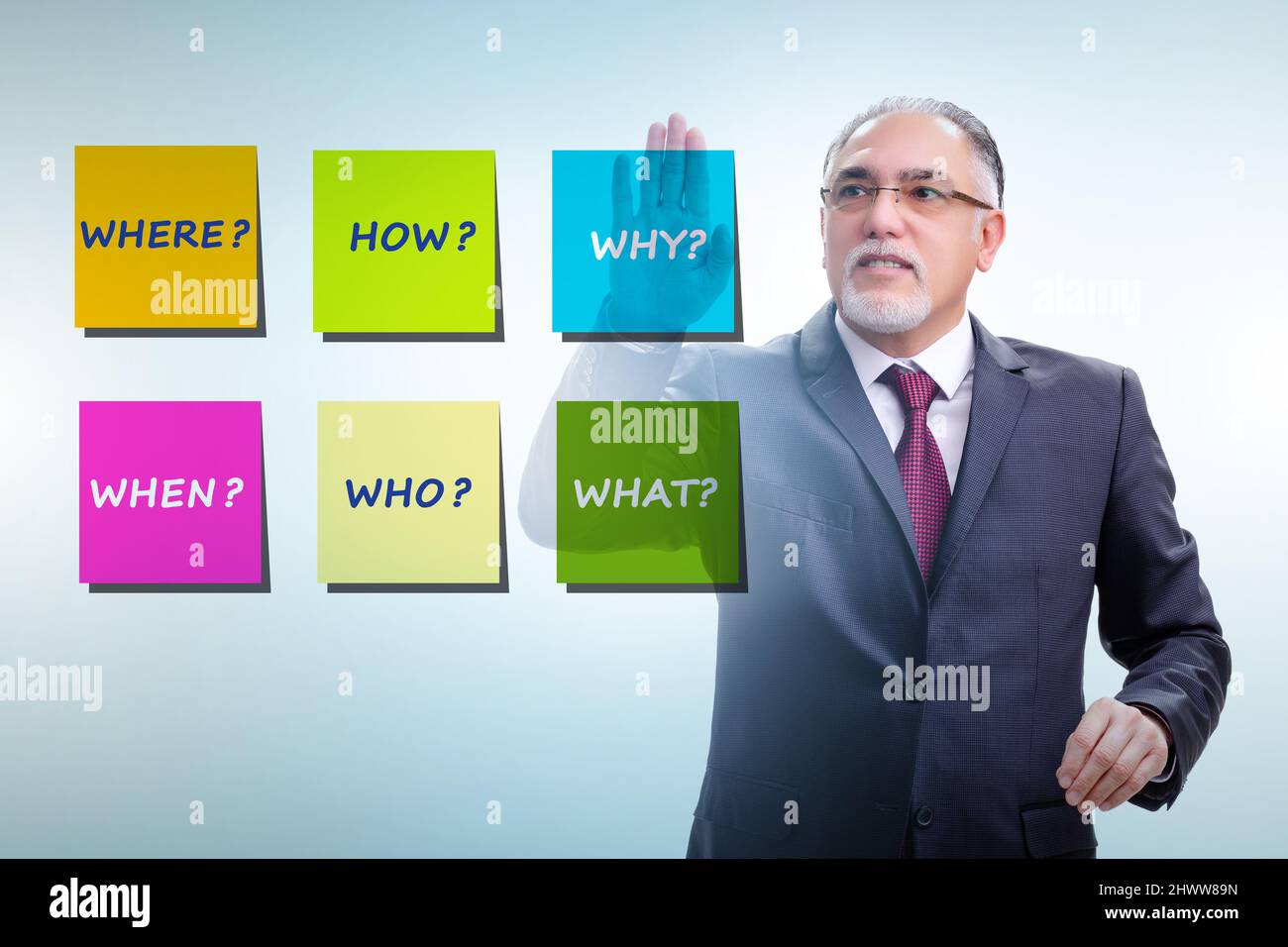 Concept of many different questions asked with the businessman Stock ...