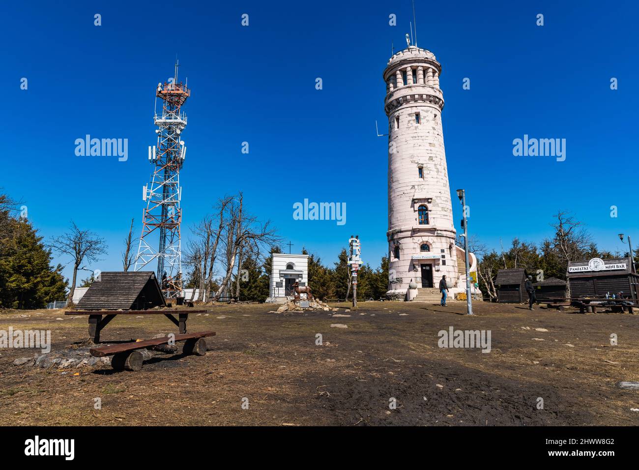 Owl Mountains, Poland - April 2021: Small square with old viewing tower ...