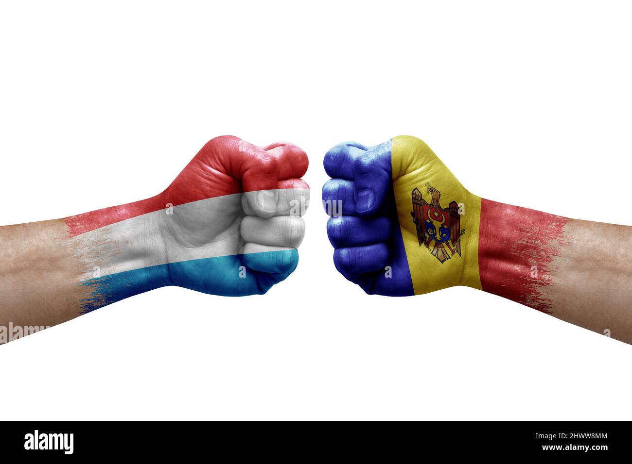 Two hands punch to each others on white background. Country flags ...