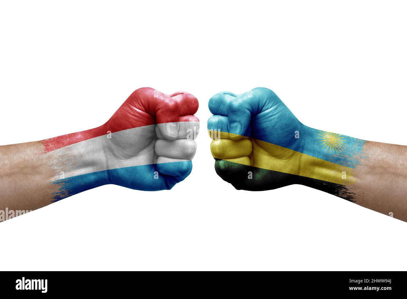 Two hands punch to each others on white background. Country flags ...