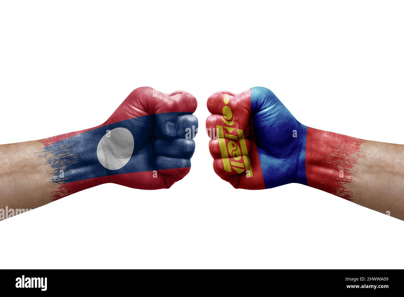 Two hands punch to each others on white background. Country flags ...
