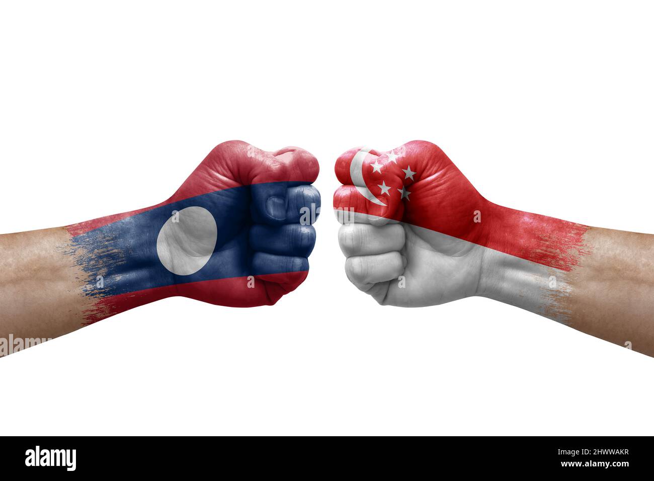 Two hands punch to each others on white background. Country flags ...