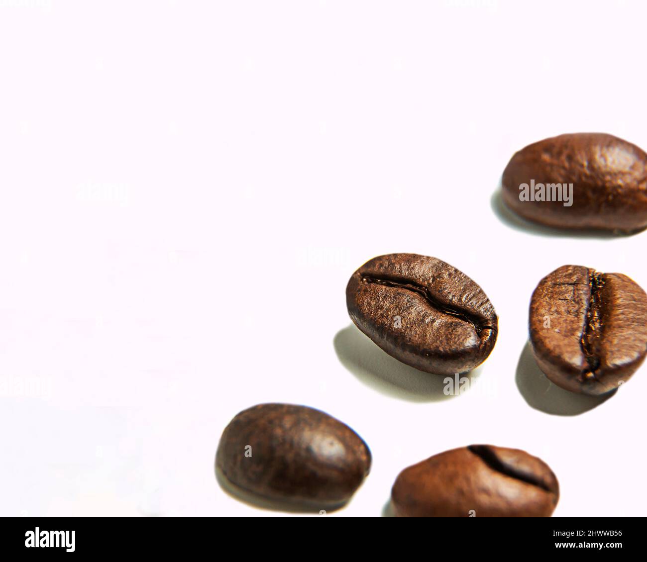 Roasted coffee beans on a white background. Isolate. Macro photography ...