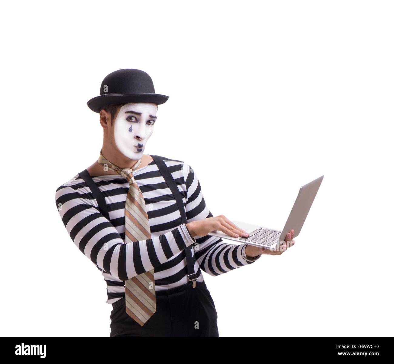 The mime with laptop isolated on white background Stock Photo - Alamy