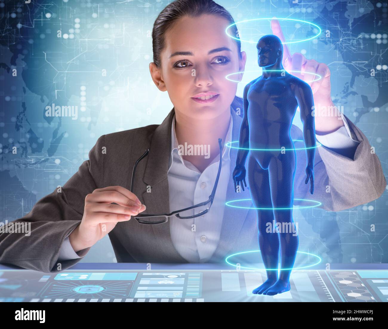 The futuristic remote diagnostics concept with businesswoman Stock ...