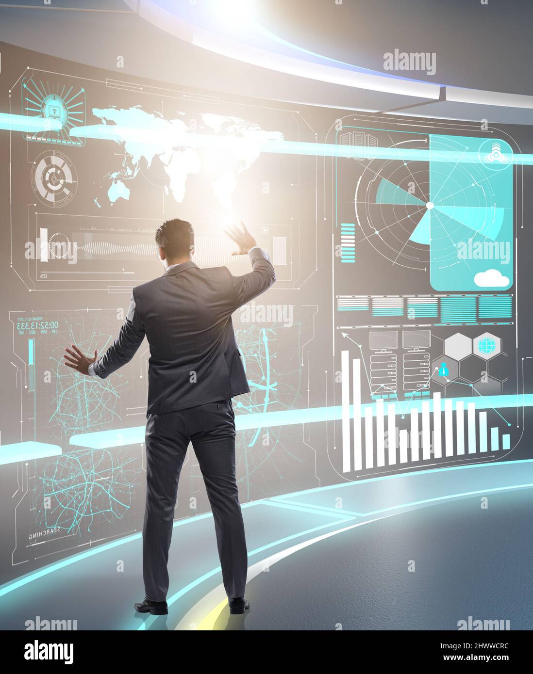 The man pressing virtual button in data mining concept Stock Photo - Alamy