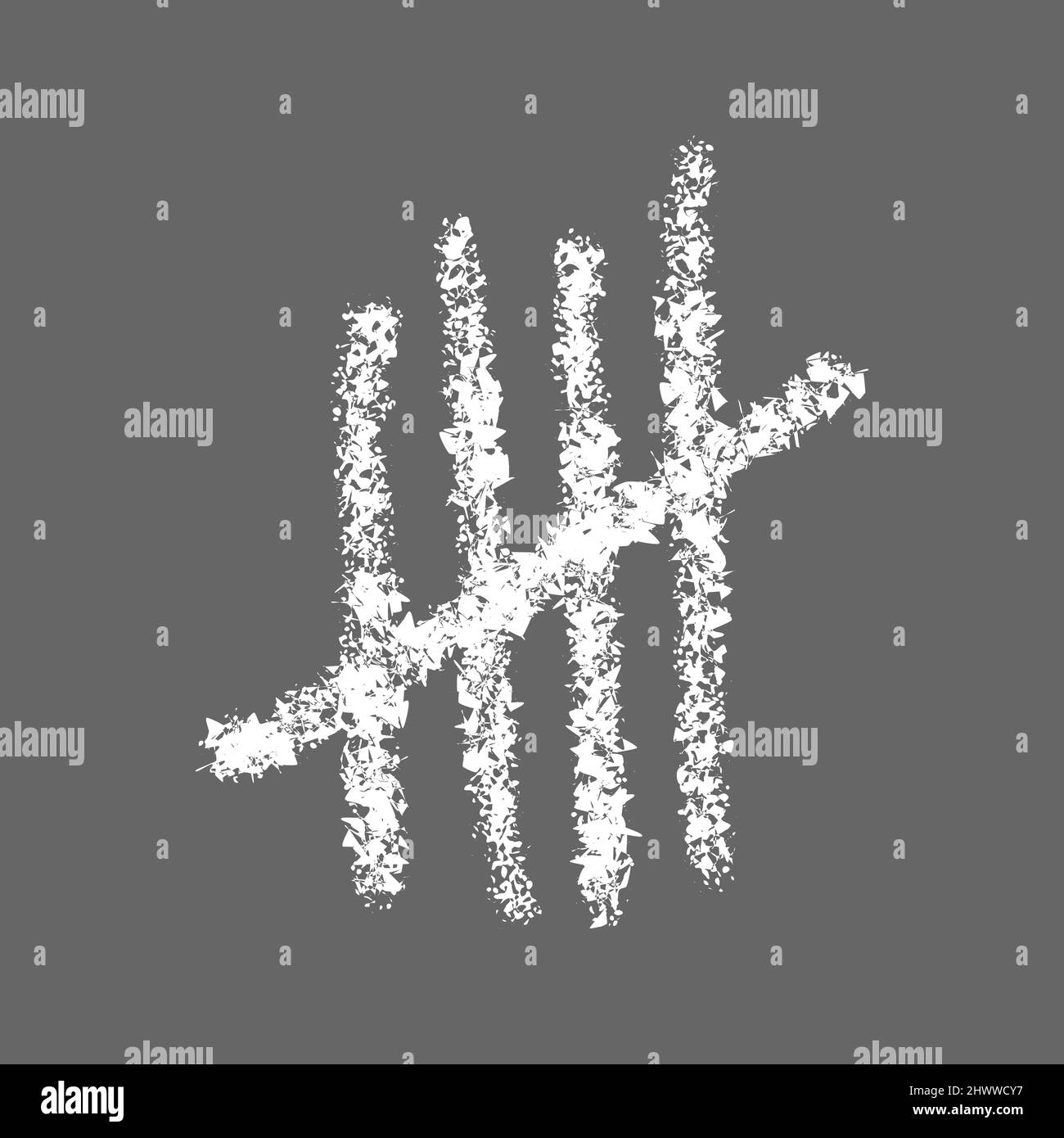 Chalk drawn tally mark on gray background. White hand drawn sticks ...