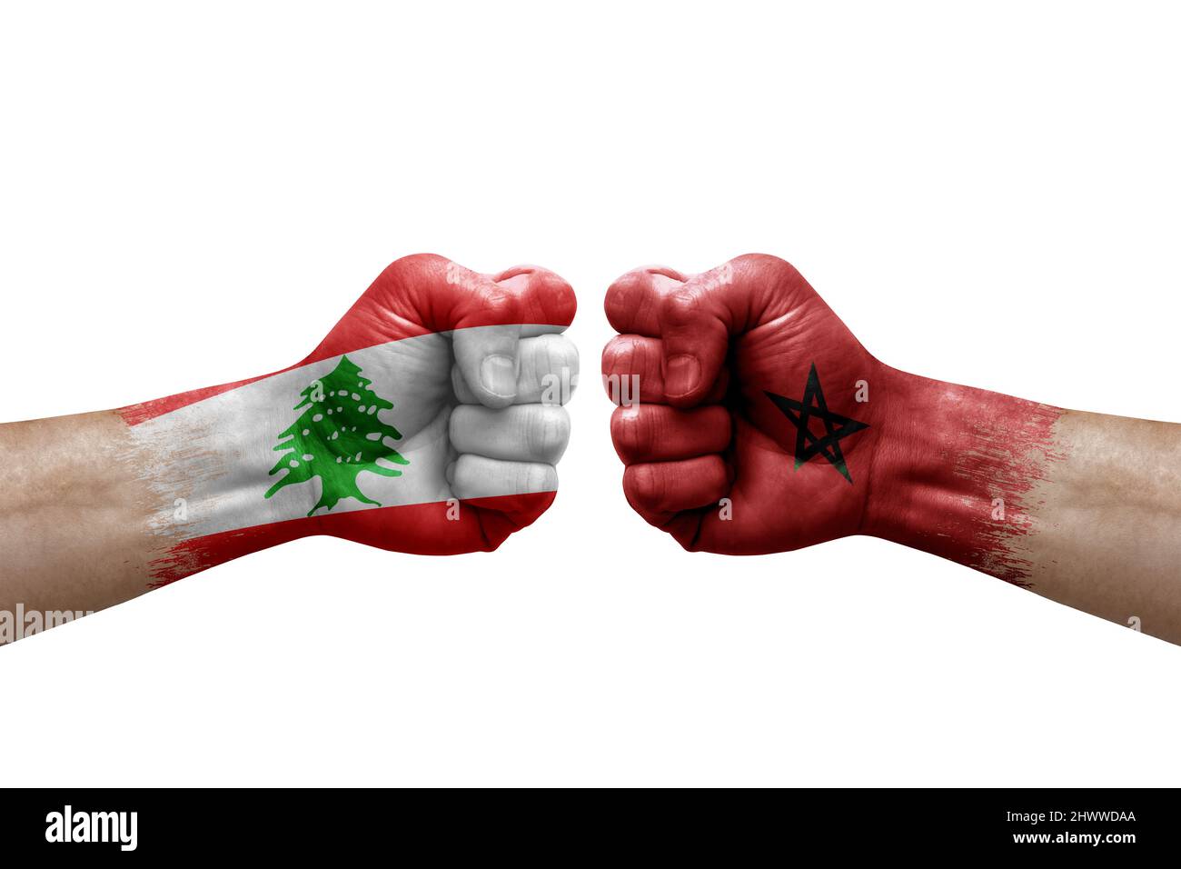 Two hands punch to each others on white background. Country flags ...