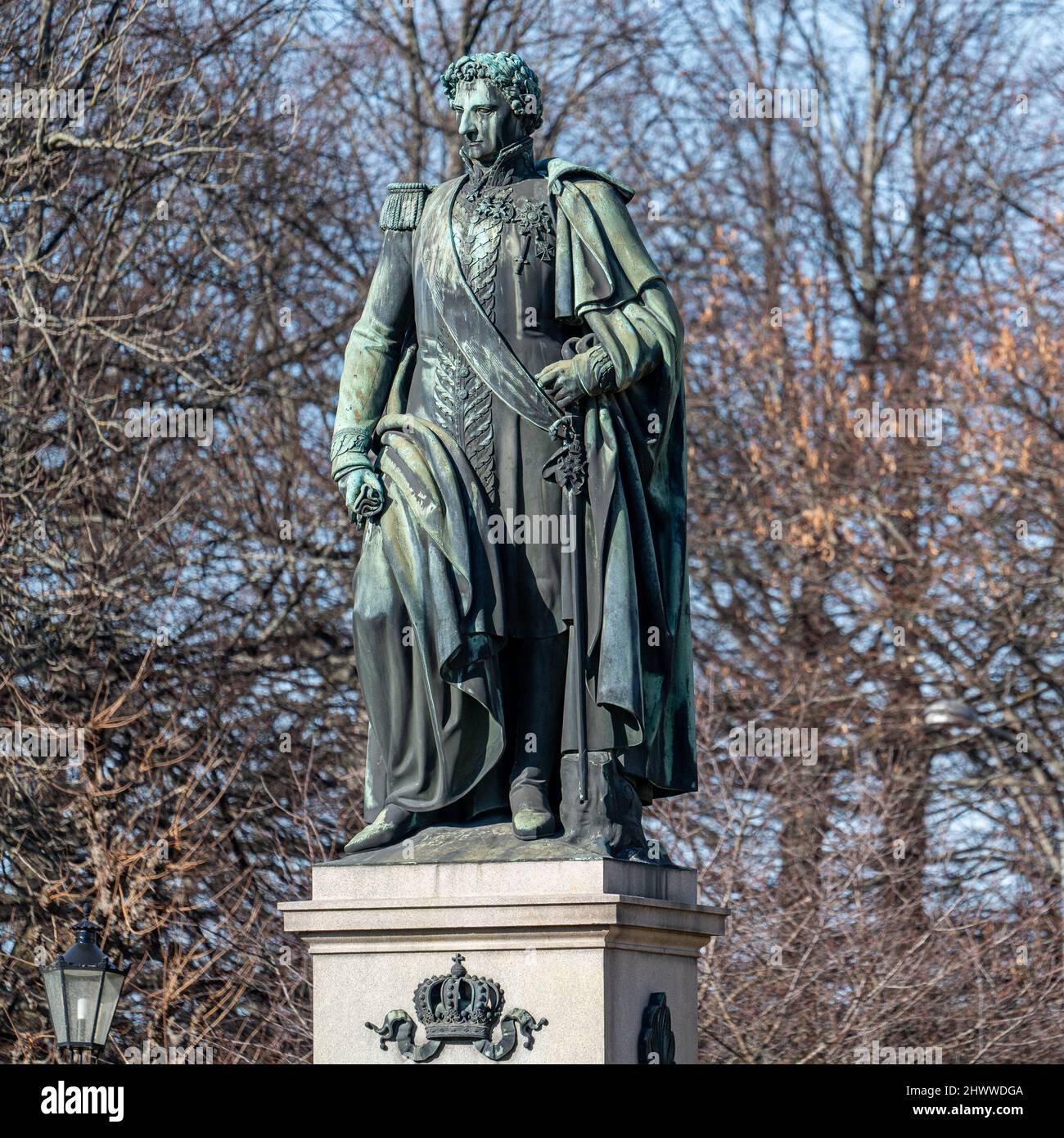 Carl Johans Park with the statue of king Karl Johan XIV on a sunny ...