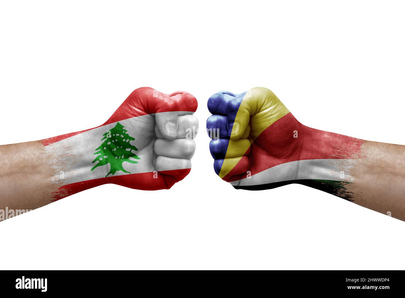 Two hands punch to each others on white background. Country flags ...