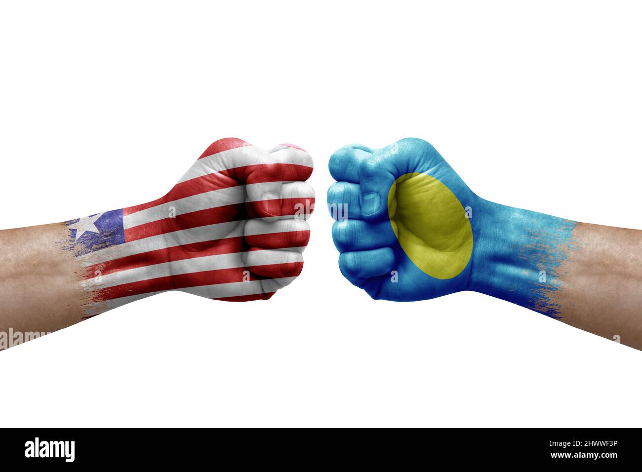 Two hands punch to each others on white background. Country flags ...