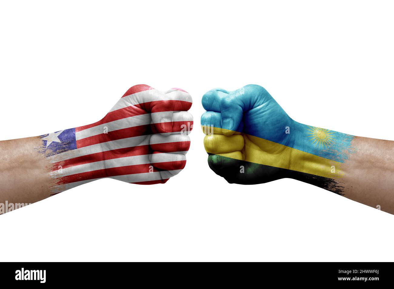 Two hands punch to each others on white background. Country flags ...