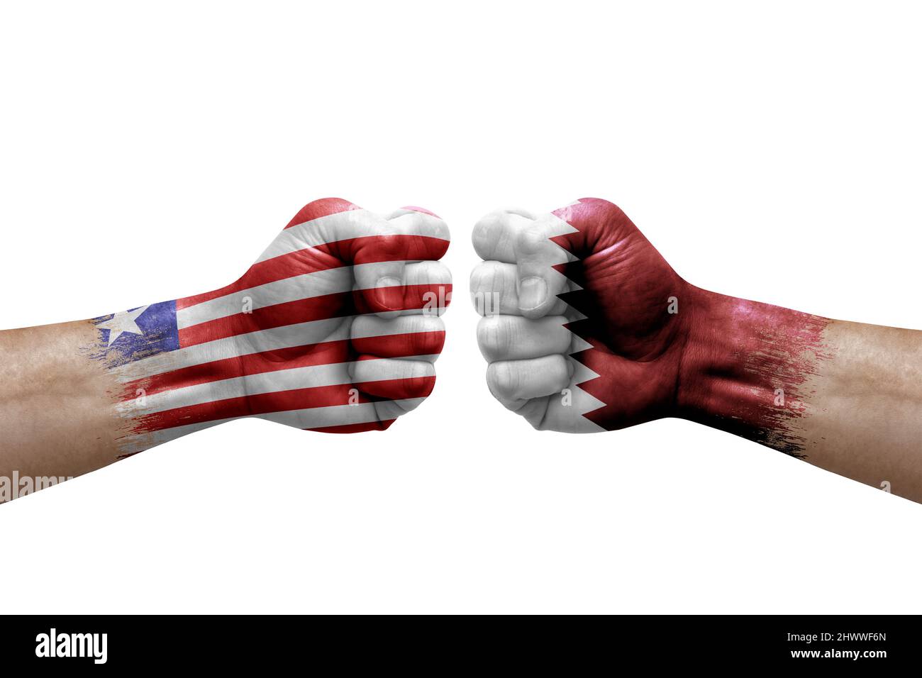 Two hands punch to each others on white background. Country flags ...