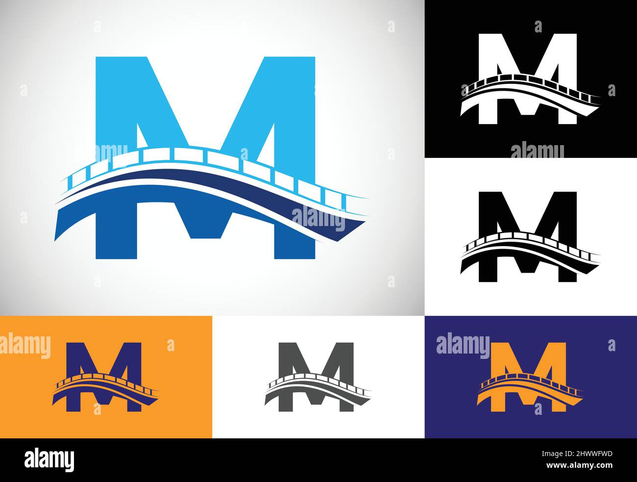 Initial M monogram letter alphabet with bridge sign. Abstract bridge ...