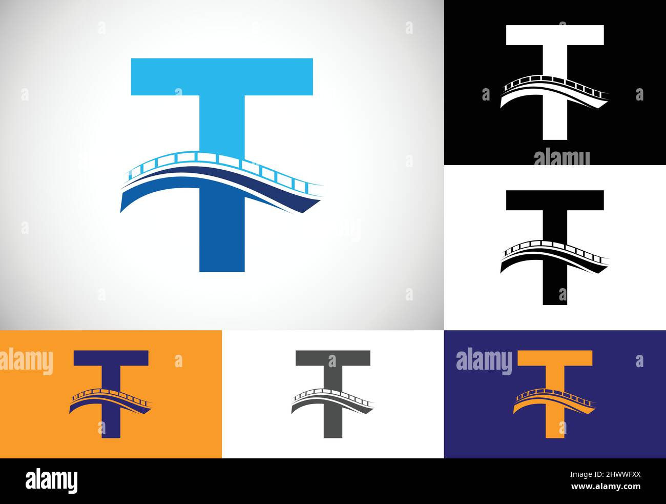 Initial T monogram letter alphabet with bridge sign. Abstract bridge ...