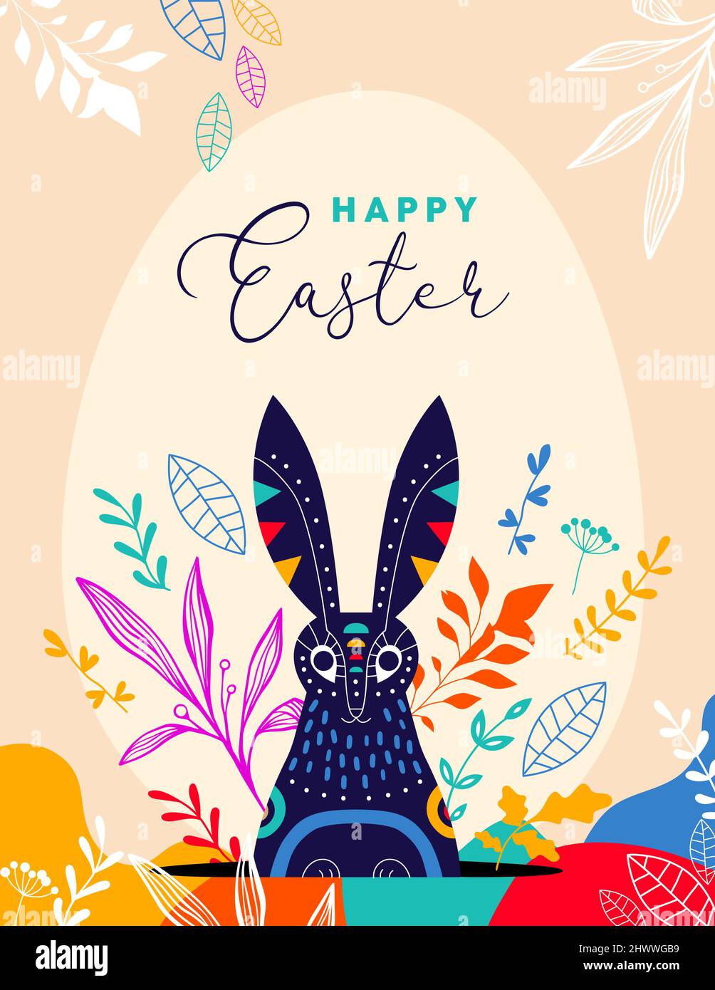 Happy Easter greeting card of funny rabbit animal in folk art style ...