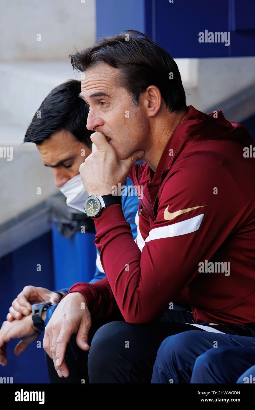 BARCELONA - FEB 20: The manager Julen Lopetegui sits on the bench ...